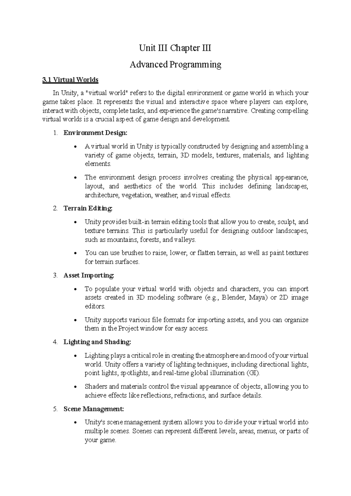 Unit 3 3 - Game prog. - Unit III Chapter III Advanced Programming 1 Virtual Worlds In Unity, a ...