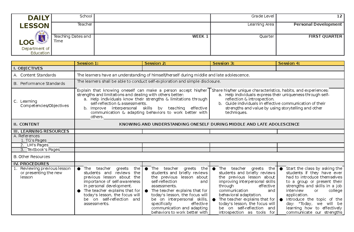 Perdev Q1 WEEK1 DLL - DAILY LESSON LOG Department of Education School ...