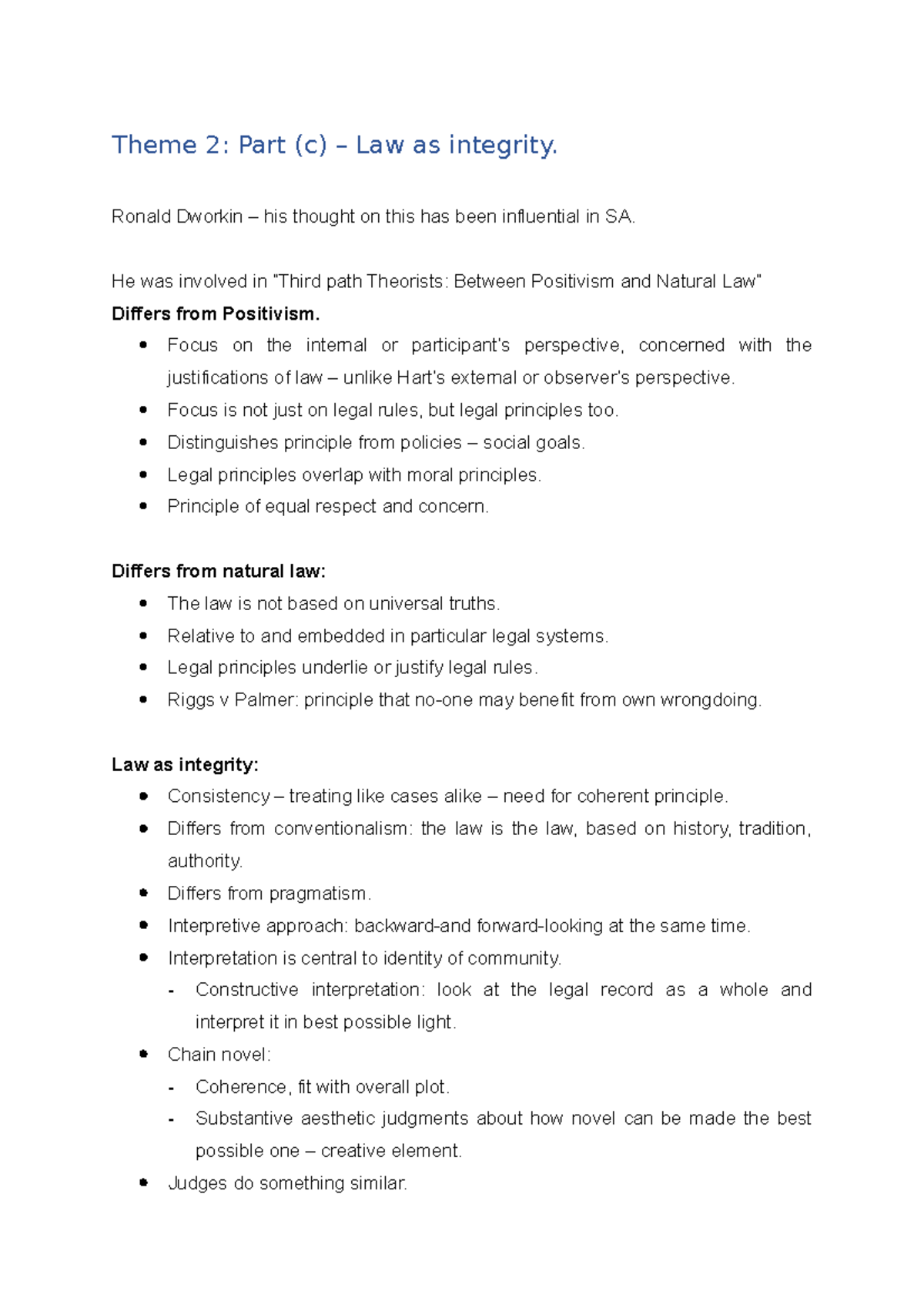 Theme 2 - topic guidance - Theme 2: Part (c) – Law as integrity. Ronald ...