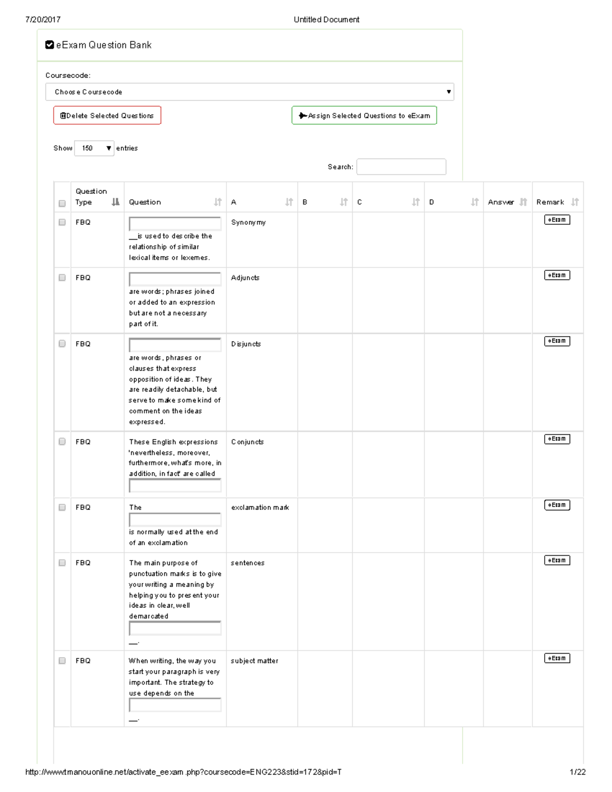 ENG223 - LECTURE - eExam Question Bank Coursecode: Choose Coursecode ...