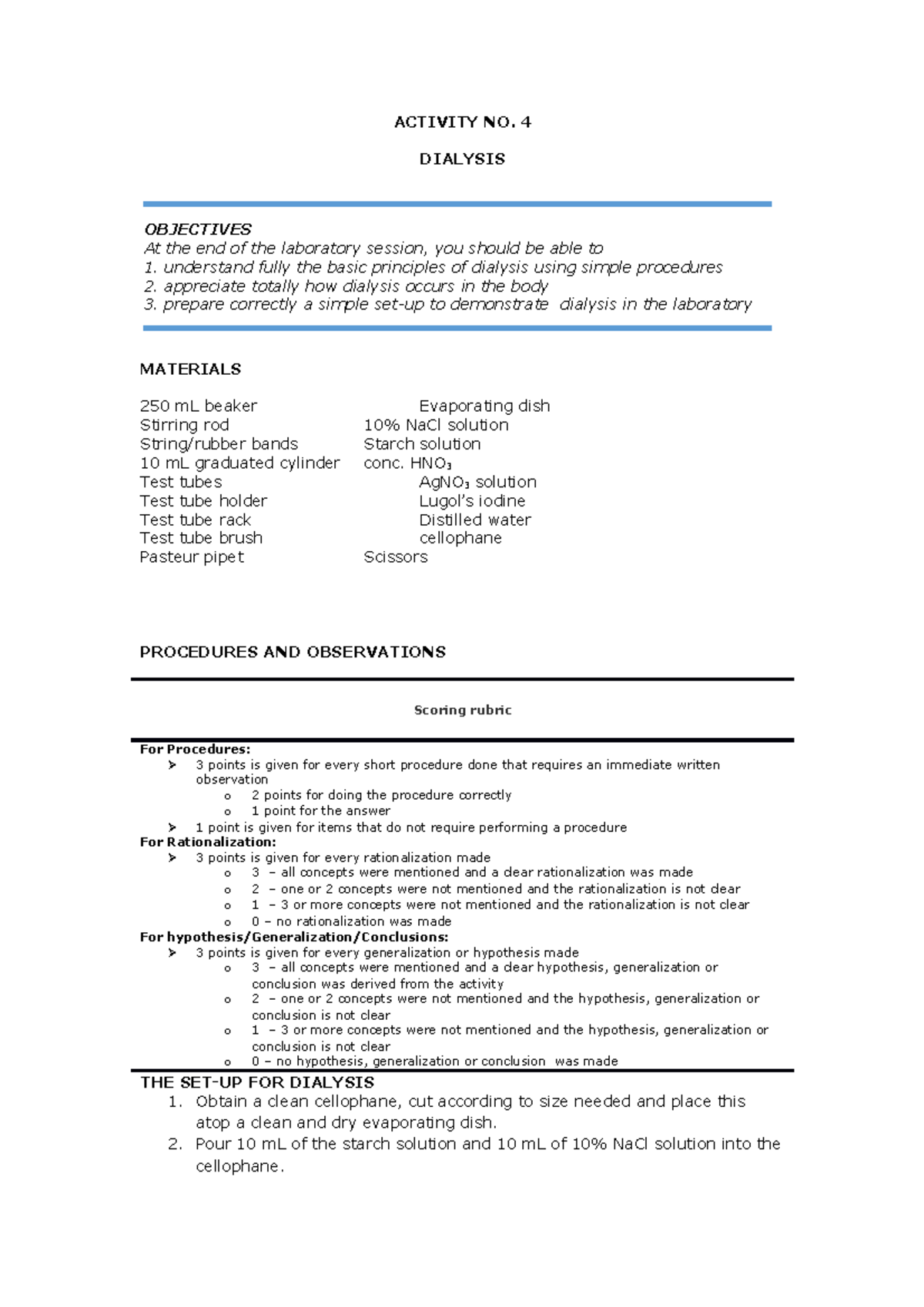 Activity NO 4 - ACTIVITY NO. 4 DIALYSIS MATERIALS 250 mL beaker ...