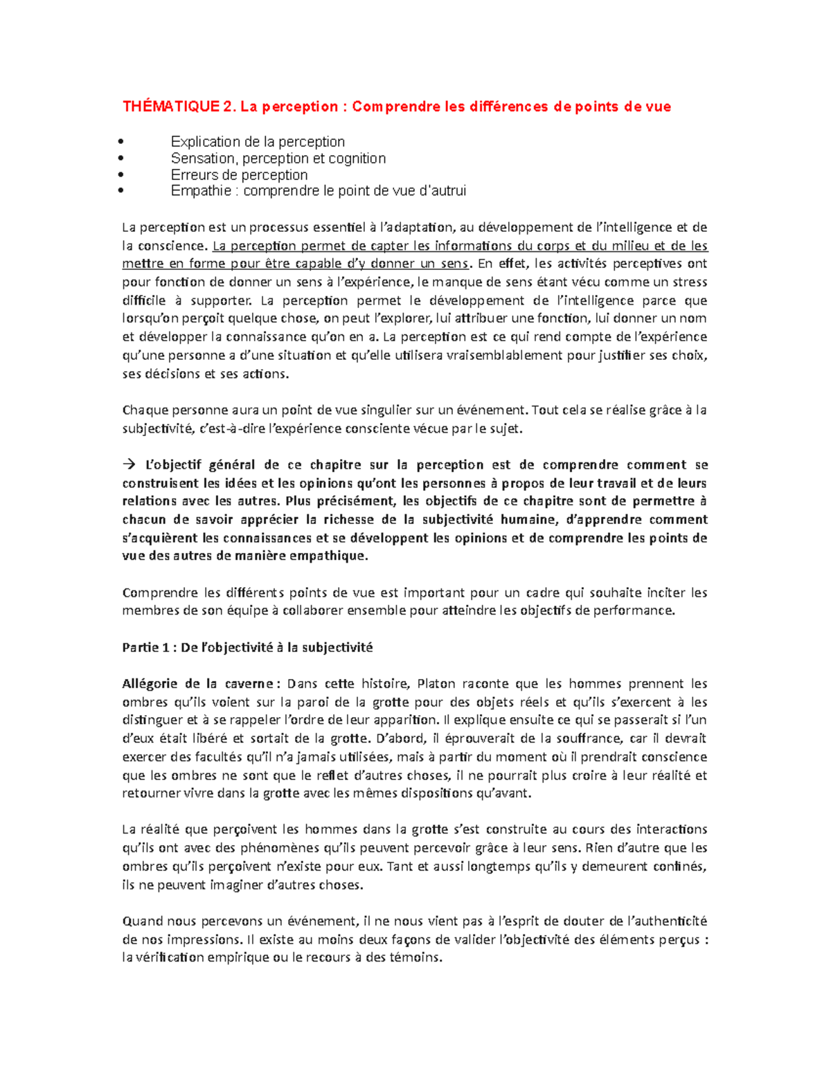 Thématique 2 - Notes - Perception - THÉMATIQUE 2. La perception ...