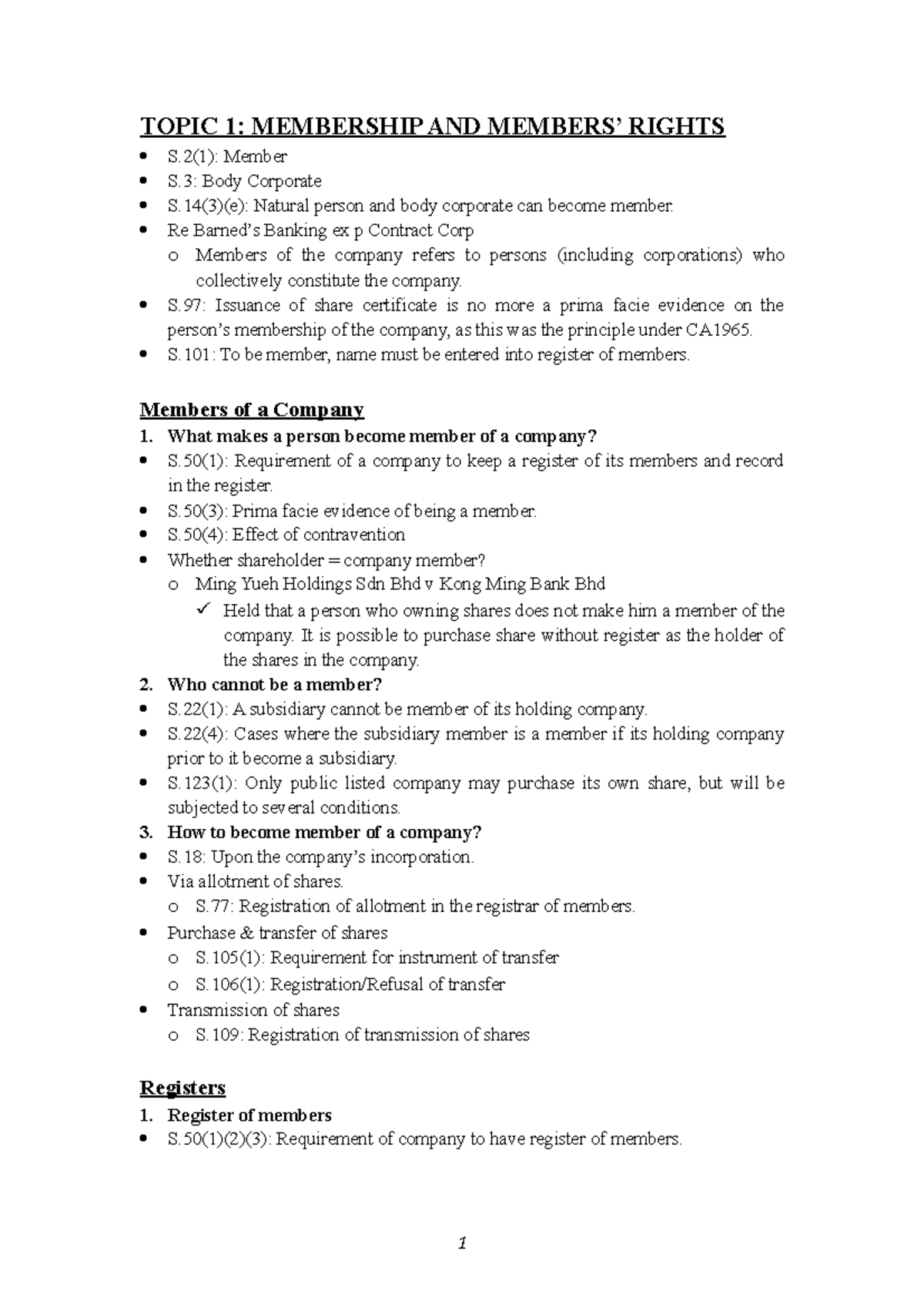 Company C1 + C2 - TOPIC 1: MEMBERSHIP AND MEMBERS’ RIGHTS S(1): Member ...