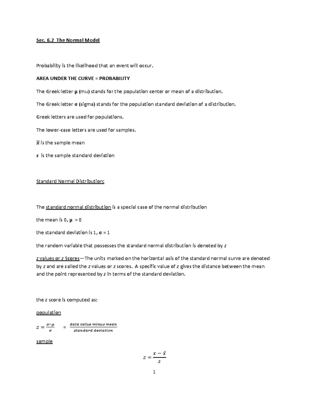 Sec62part1 - Bean - Sec. 6 The Normal Model Probability is the ...