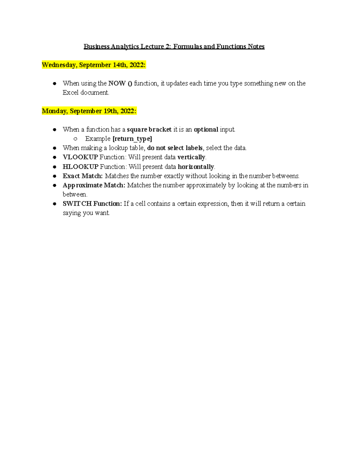 Business Analytics Lecture 2 Formulas And Functions Notes Monday September 19th 2022 When A