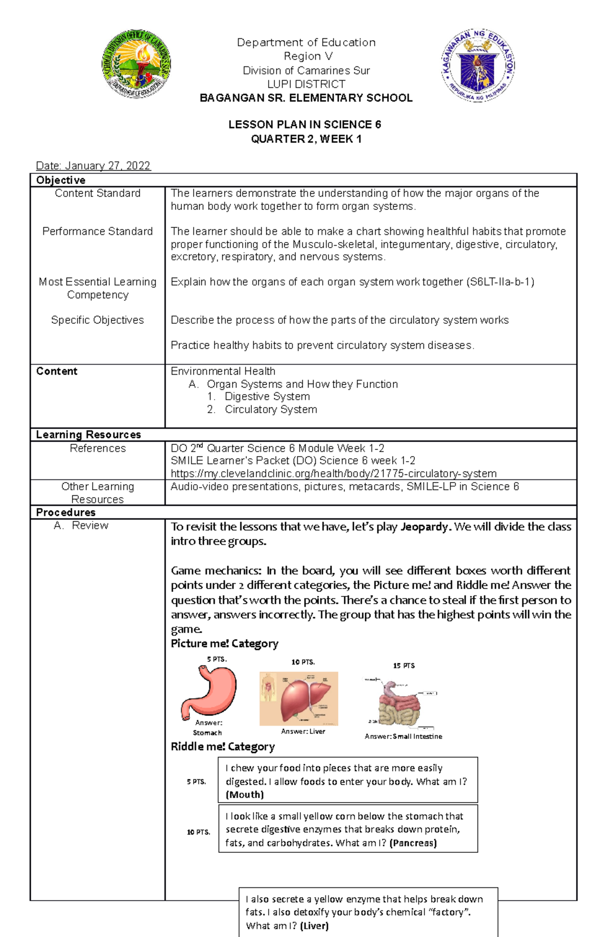 COT Science 6 - Organ Systems - Department of Education Region V ...