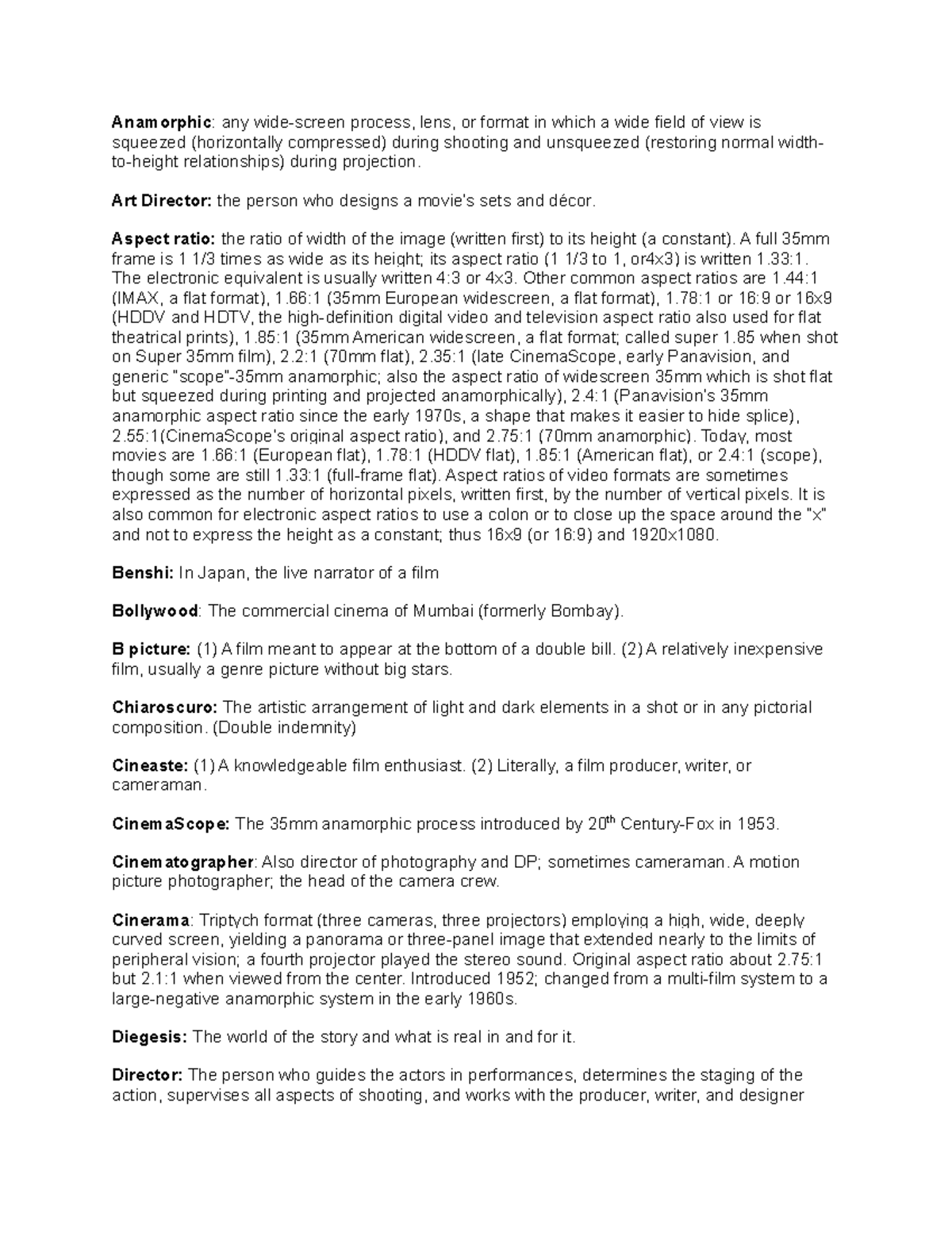 Film Terminology and Definitions - Studocu
