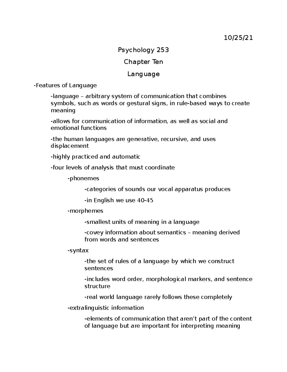 PSY 253 - Language - 10/25/ Psychology 253 Chapter Ten Language ...