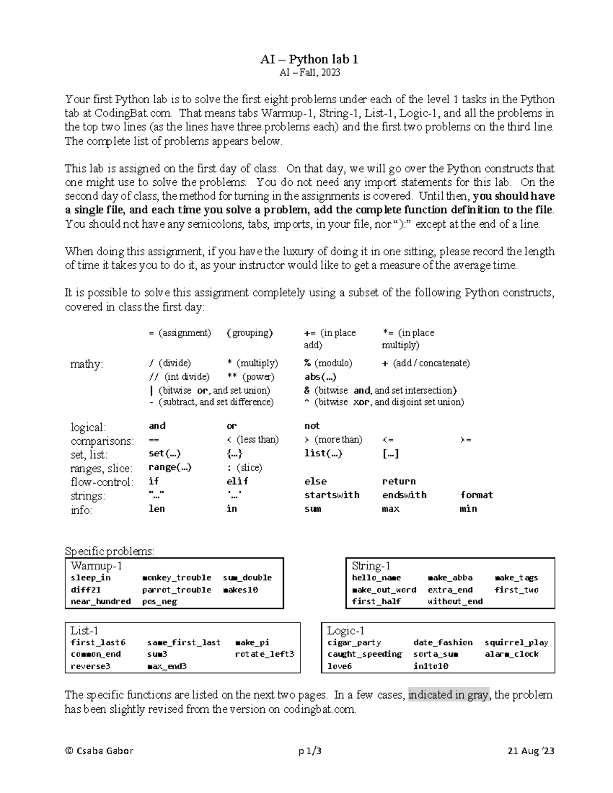 Python 1handout © Csaba Gabor P 13 21 Aug ‘ Ai Python Lab 1 Ai Fall 2023 Your First 