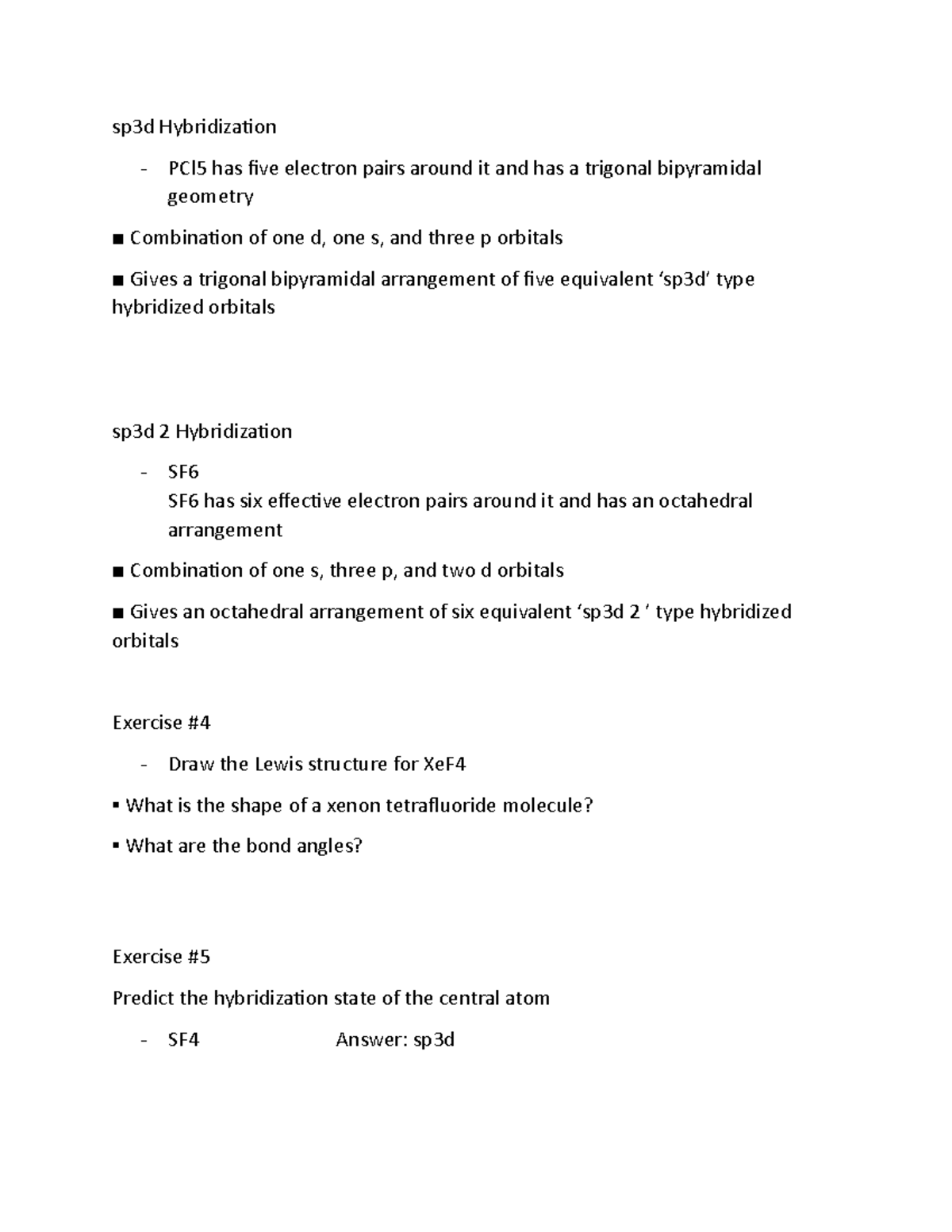 228 - Hybridization Exercises - sp3d Hybridization - PCl5 has five ...
