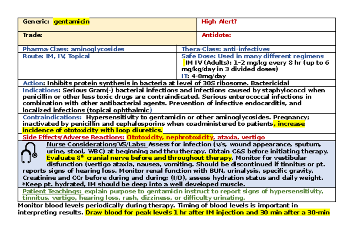 Gentamicin - Med Card - Generic: gentamicin High Alert? Trade: Antidote ...