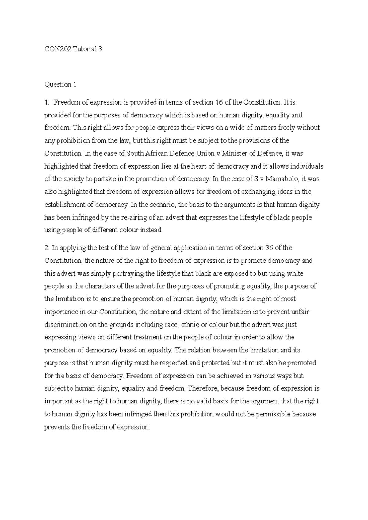 CON202 TUT 3 - Freedom of expression - CON202 Tutorial 3 Question 1 ...