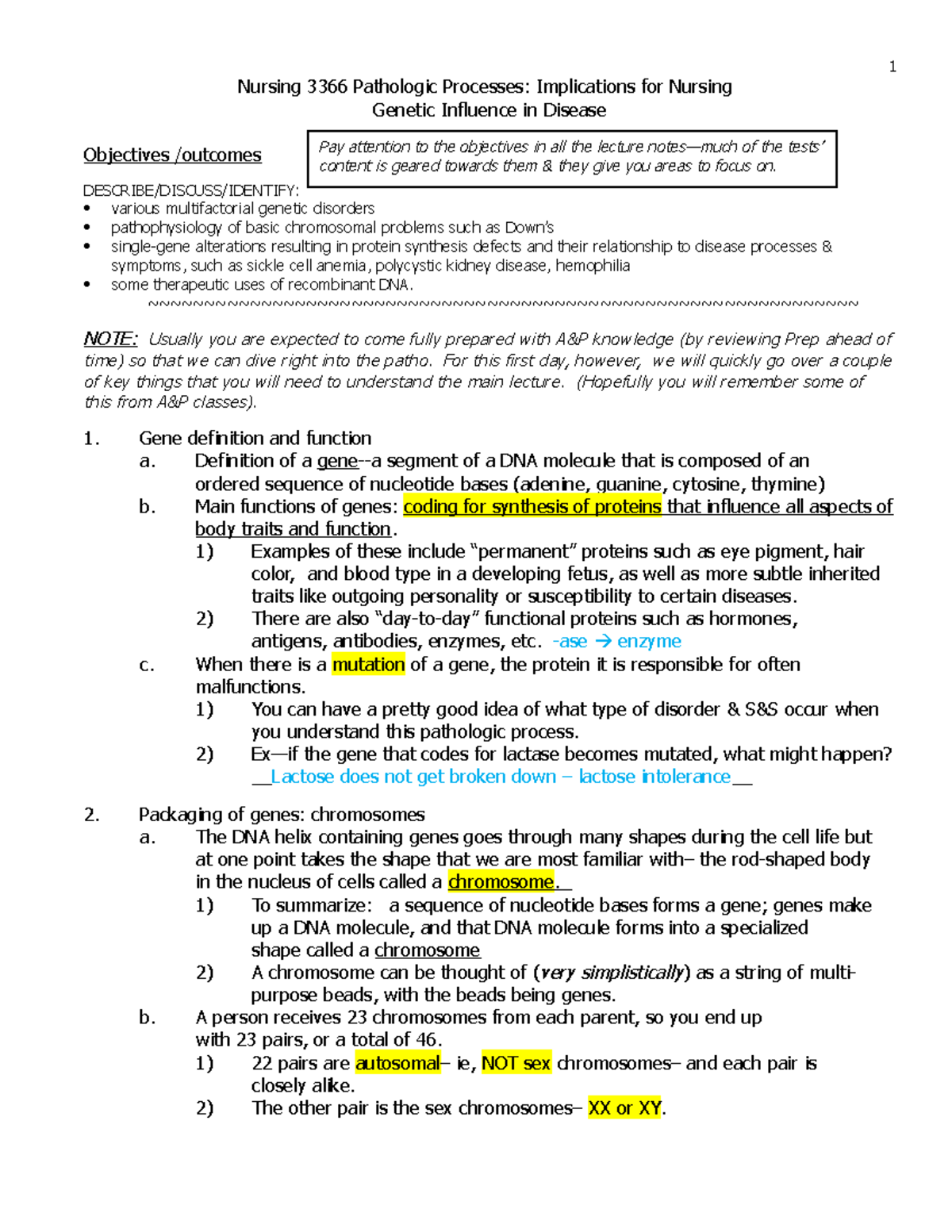 Week 1 notes Genetic Influence in Disease - KINE 5432 - UT Arlington ...
