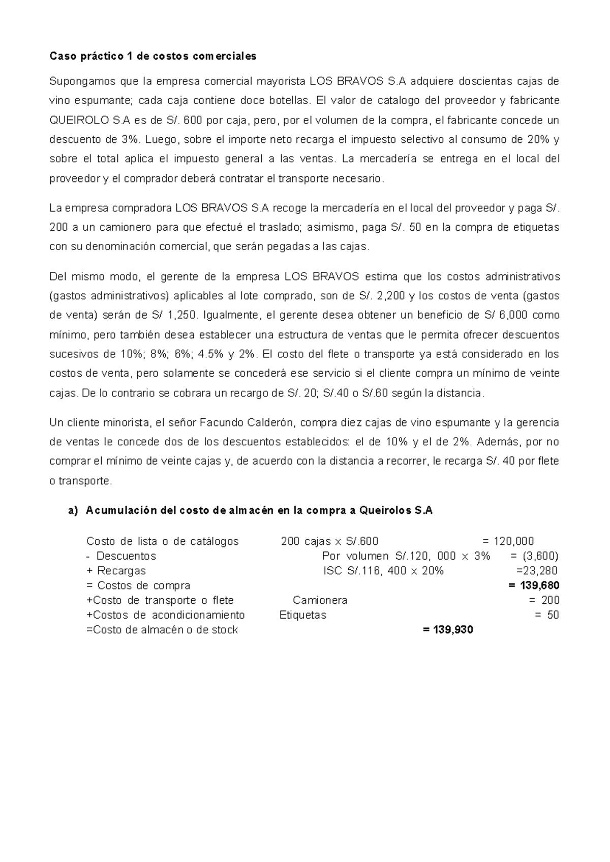 Caso practico Costo comercial LOS Bravo Resuelto - Caso práctico 1 de costos comerciales ...