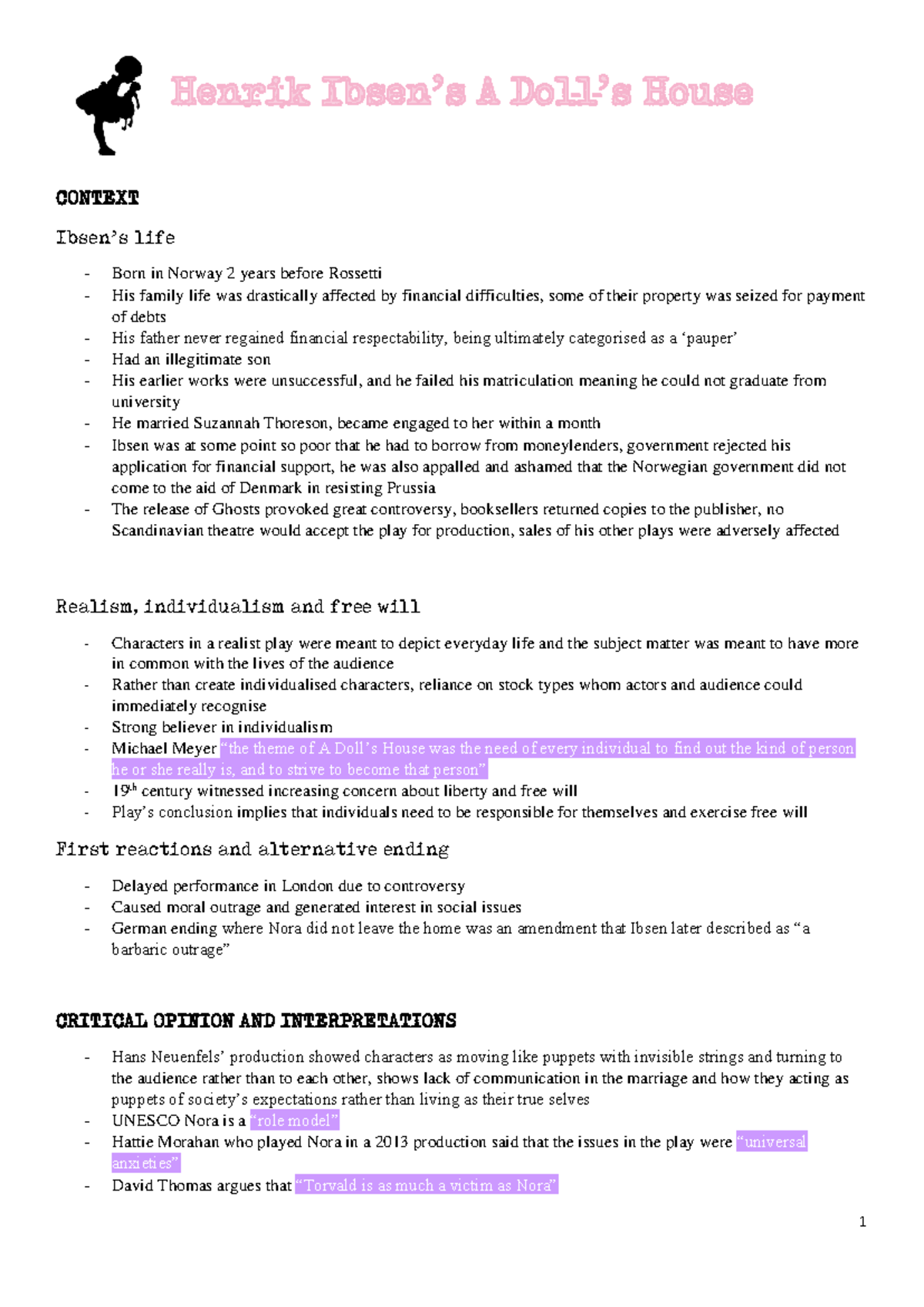A Doll's House Revision Doc - CONTEXT Ibsen’s life Born in Norway 2 ...