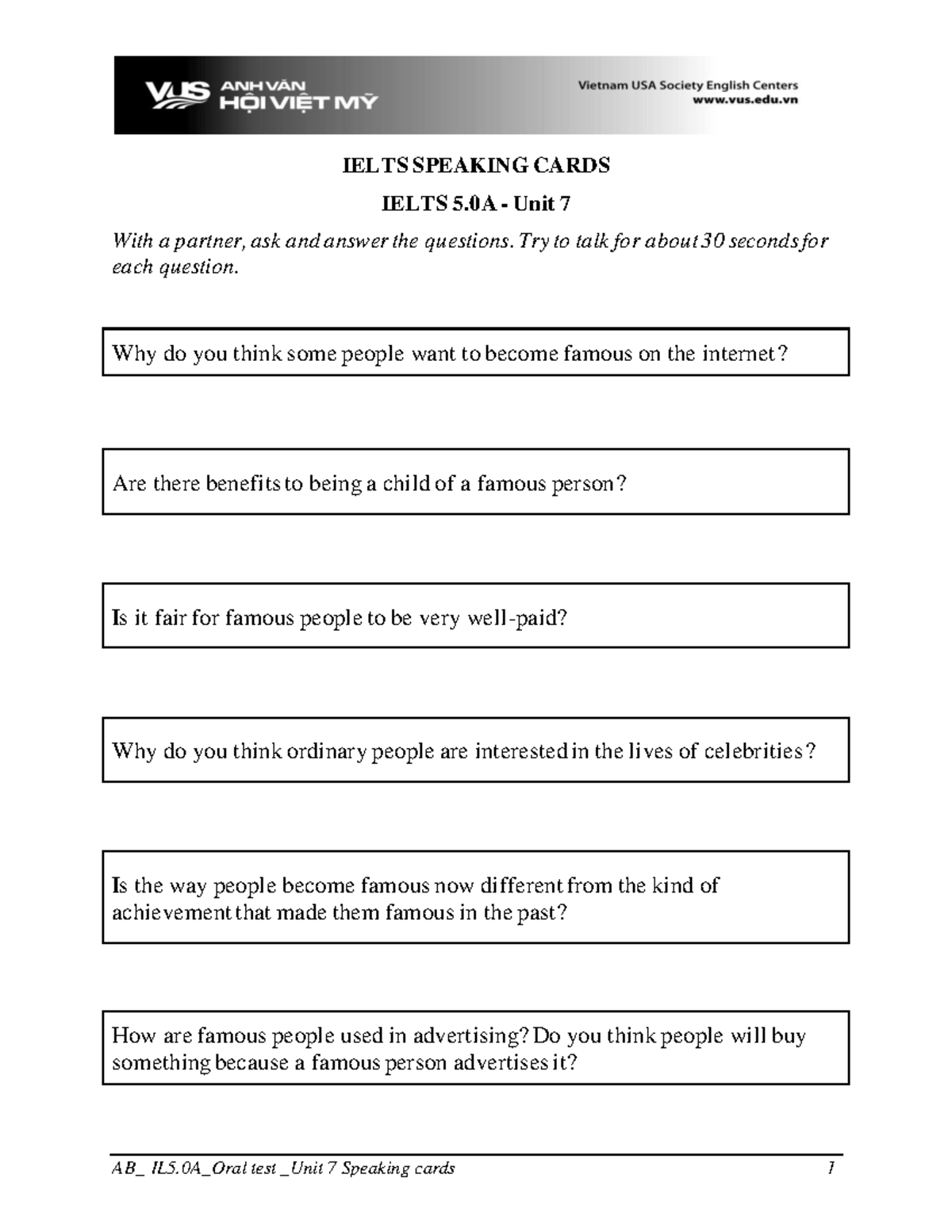 Ielts 5A speaking cards unit 7 - AB_ IL5_Oral test _Unit 7 Speaking ...