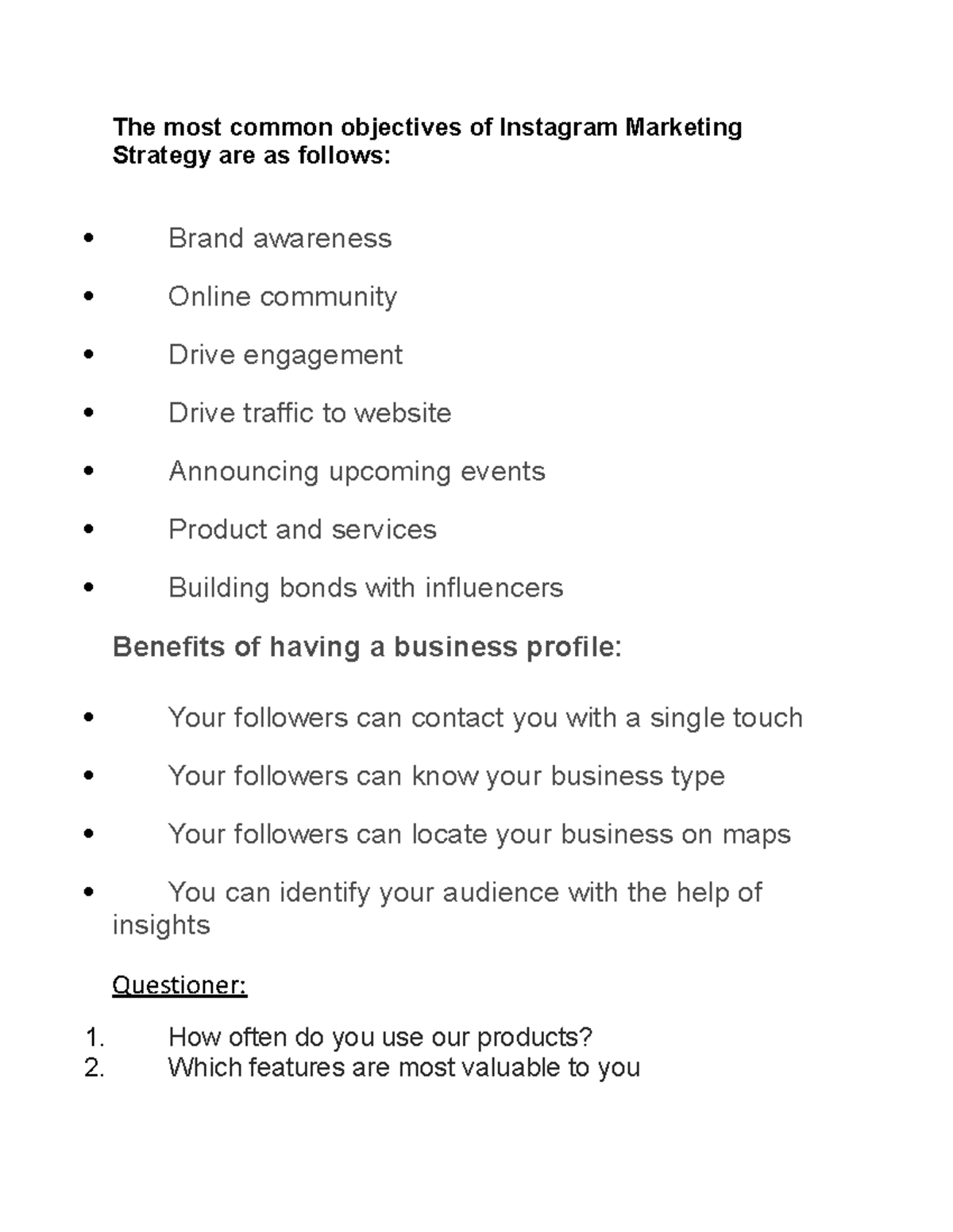 Marketing project - wtrgt6yh - The most common objectives of Instagram ...