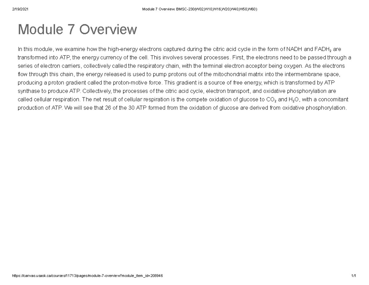 Module 7 - Oxidative Phosphorylation - 2/19/2021 Module 7 Overview ...