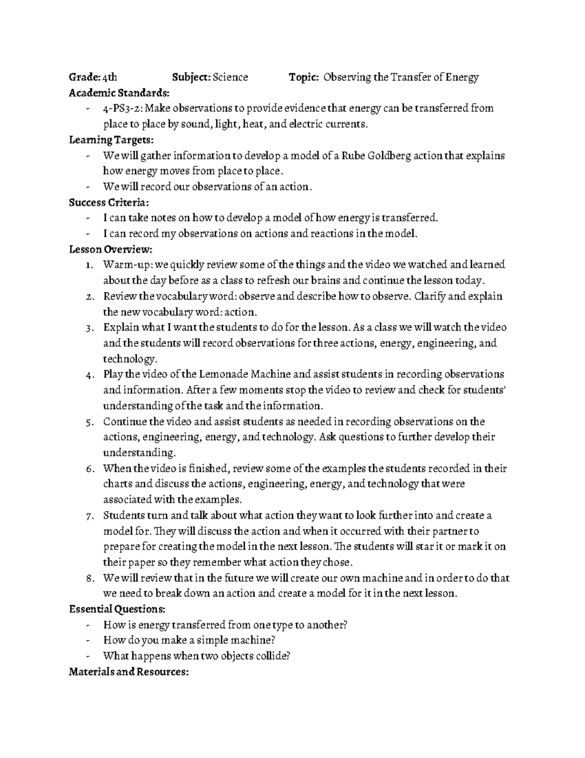 Science Lesson plan - Grade: 4th Subject: Science Topic: Observing the ...