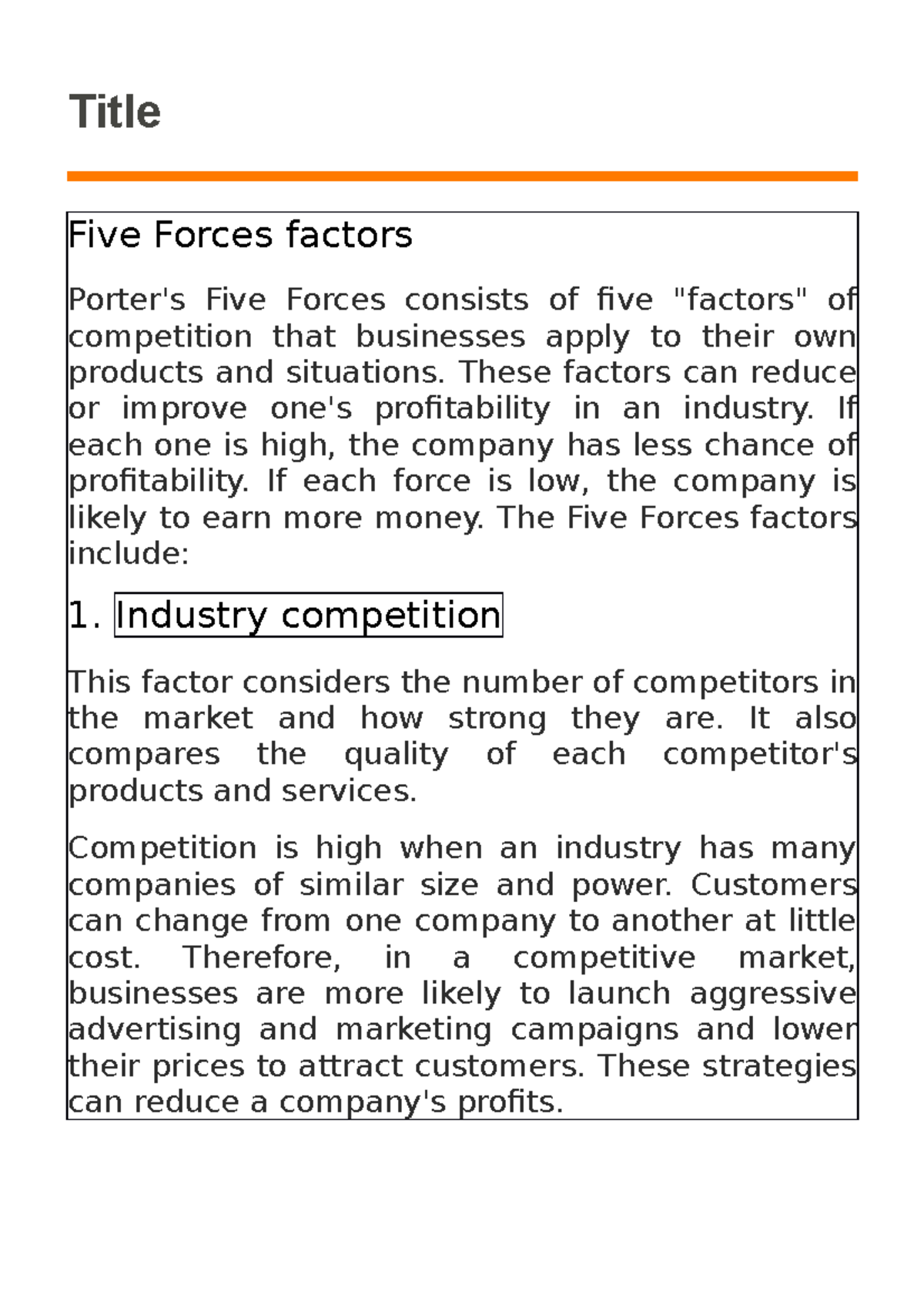 Porter's Five Forces - Title Five Forces factors Porter's Five Forces ...