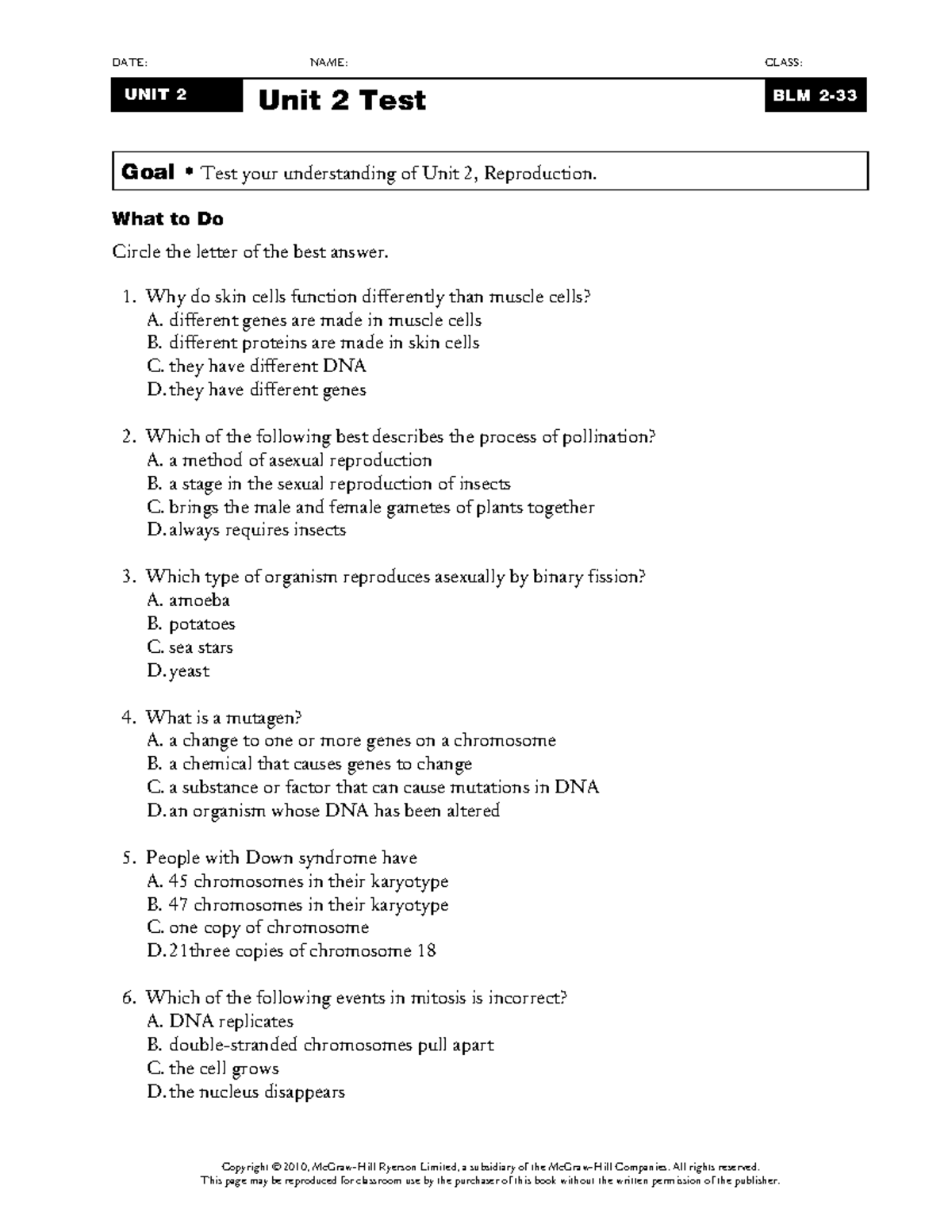 Science unit 2 test - DATE: NAME: CLASS: UNIT 2 Unit 2 Test BLM 2 ...