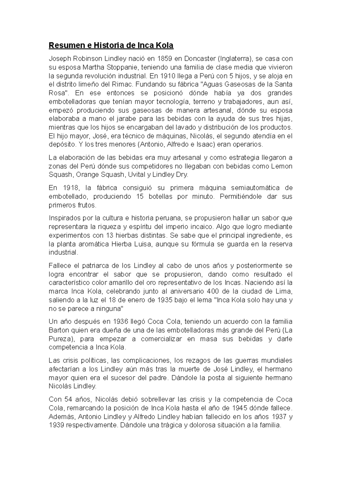 Tarea de Competencias - aaaa - Resumen e Historia de Inca Kola Joseph ...
