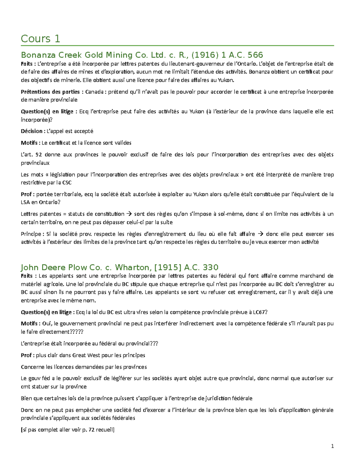 Résumé juris entrep II - Pour le cours de Yan Perreault - Cours 1 ...