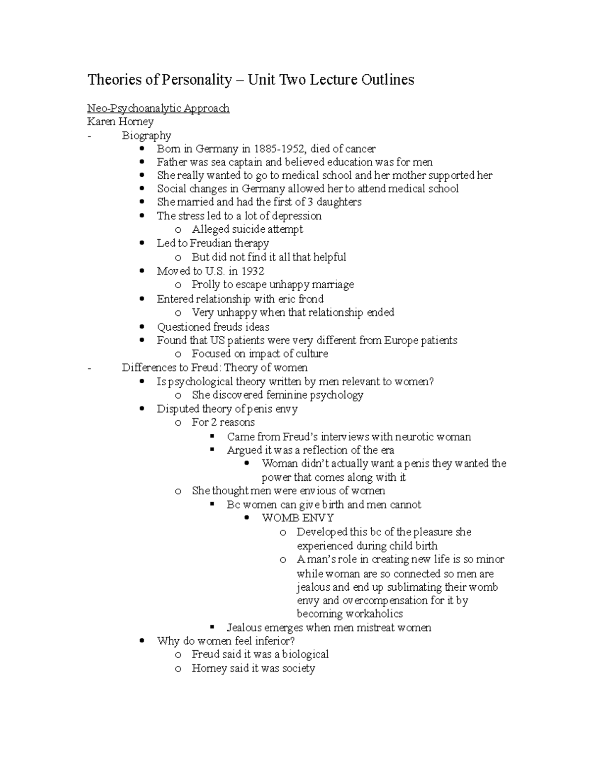 Unit 2 Outline - PYSCH 3501- Theories of Personality Lecture - K ...