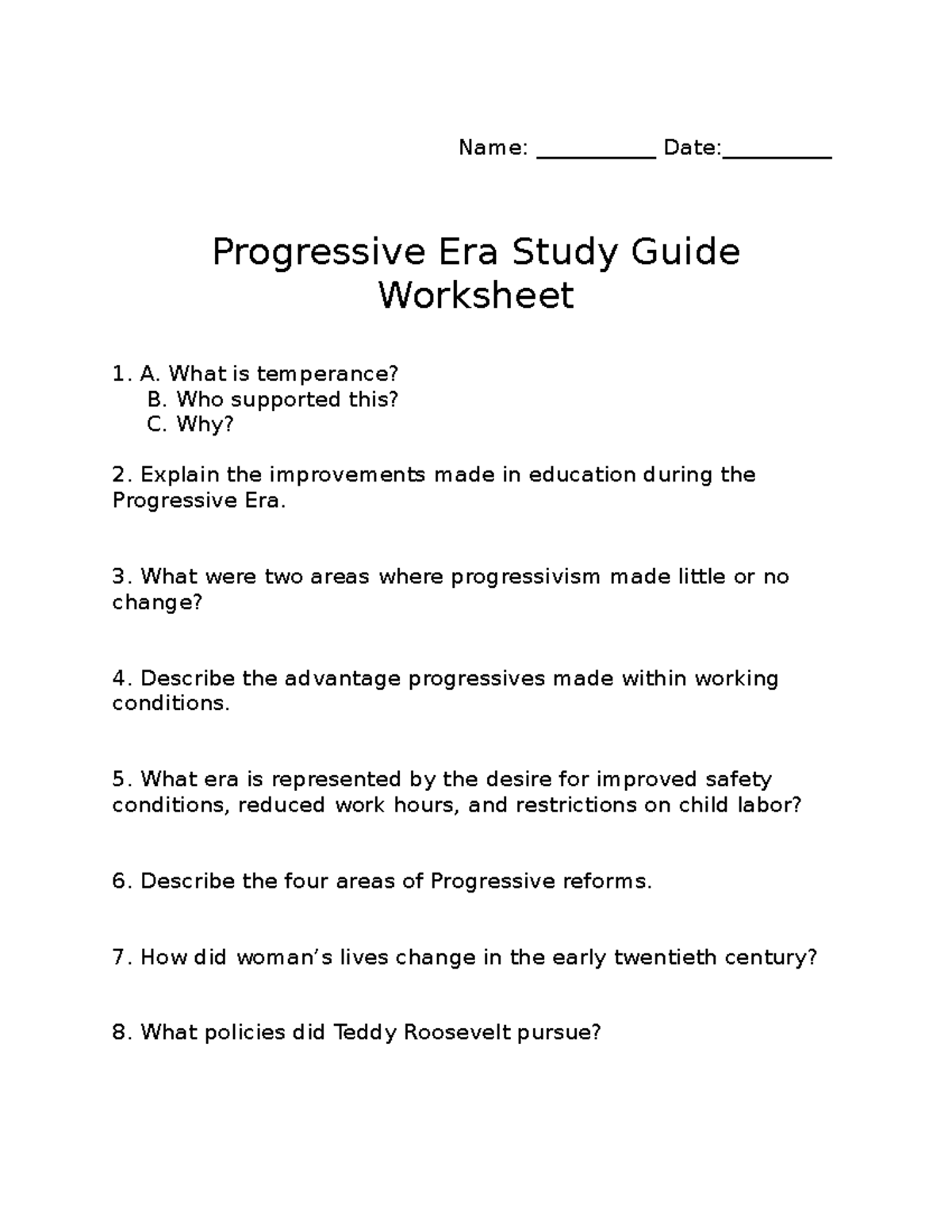 Progressive Era Study Guide - Name: ___________ Date ...