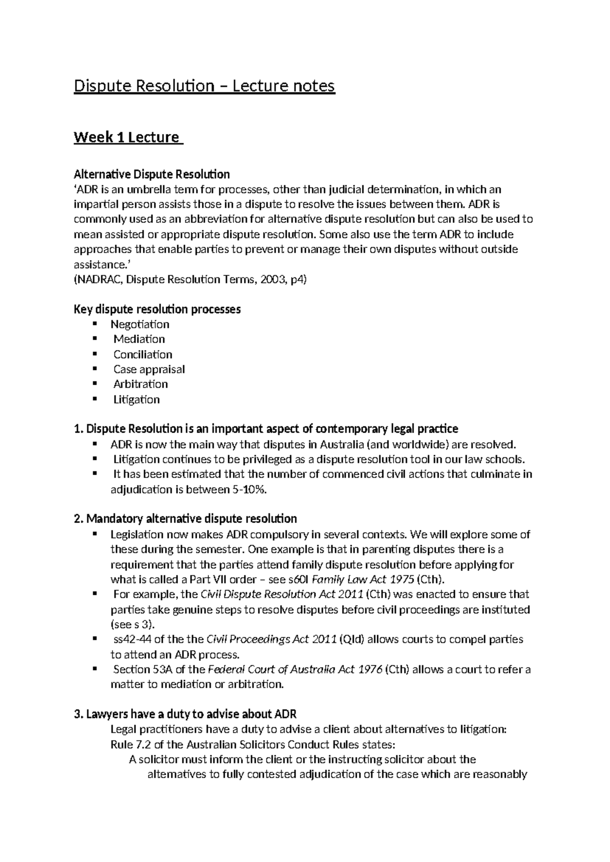 LLB103 Lecture notes - Dispute Resolution – Lecture notes Week 1 ...