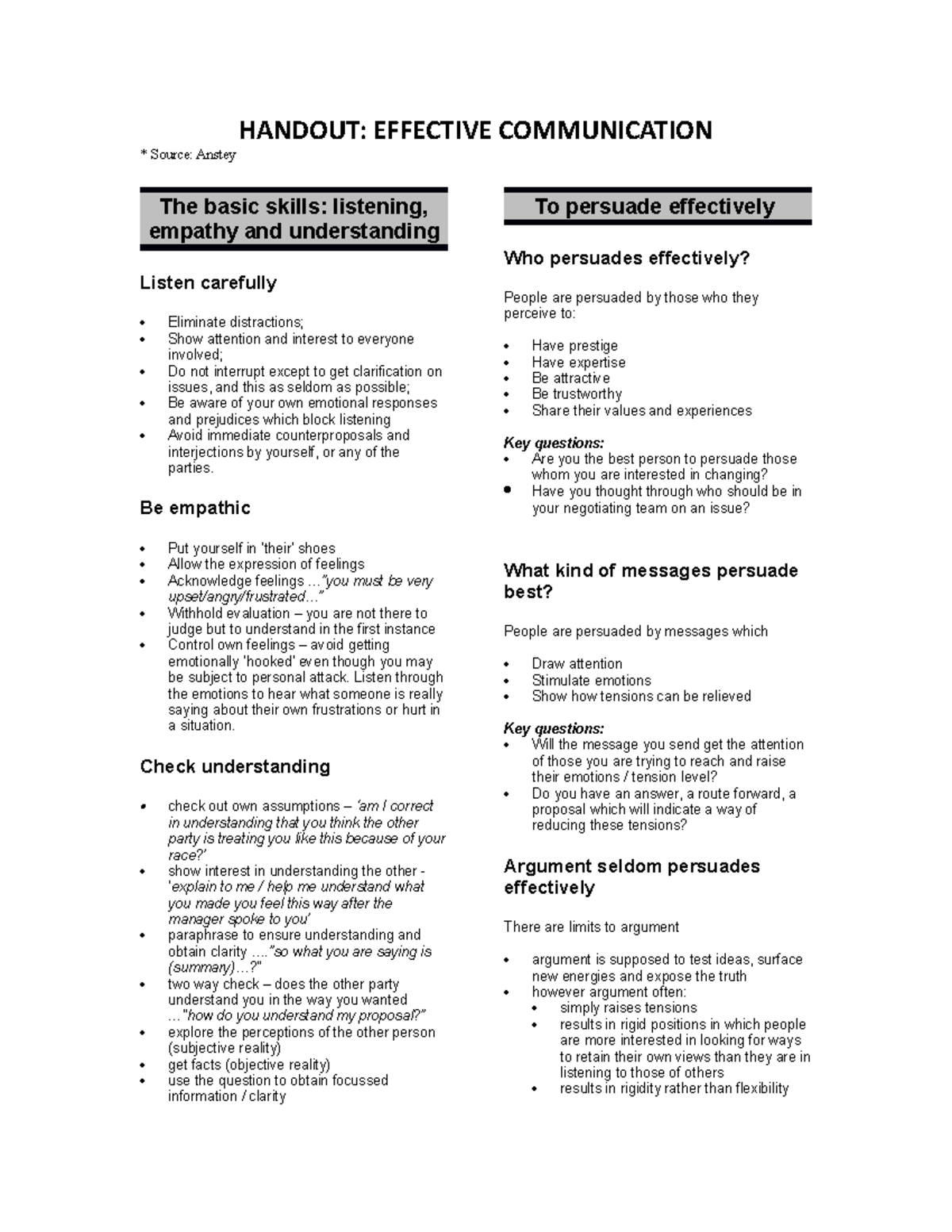 EZEV202 2023 Conflict Lecture 4 Communication handout - HANDOUT ...
