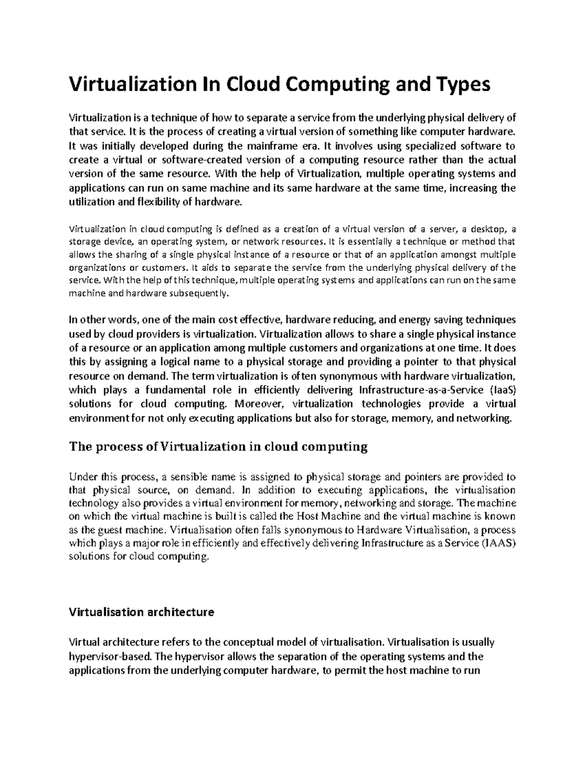 Virtualization In Cloud Computing and Types - Virtualization In Cloud Computing and Types - Studocu