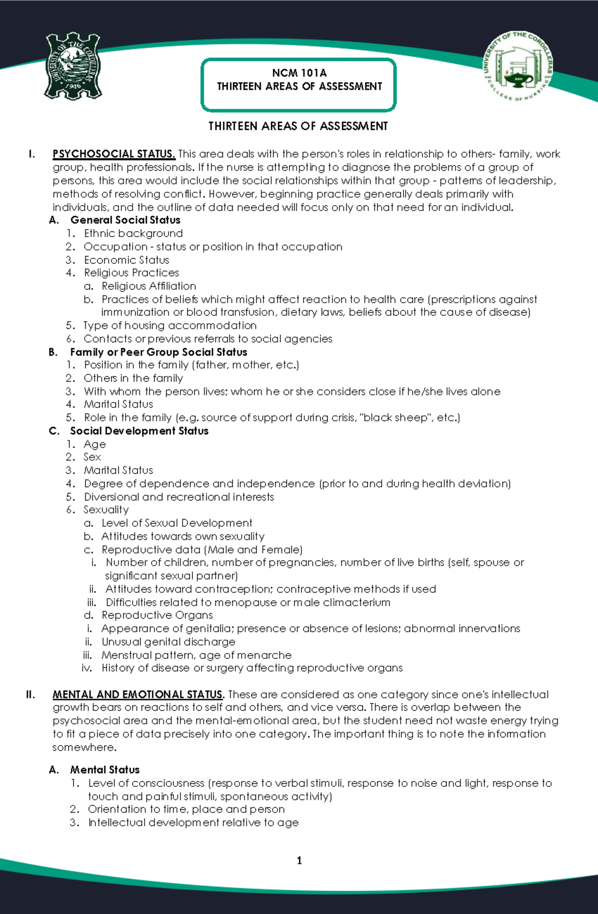Health Assessment 13 Areas of Assessment Handout 1 - THIRTEEN AREAS OF ...