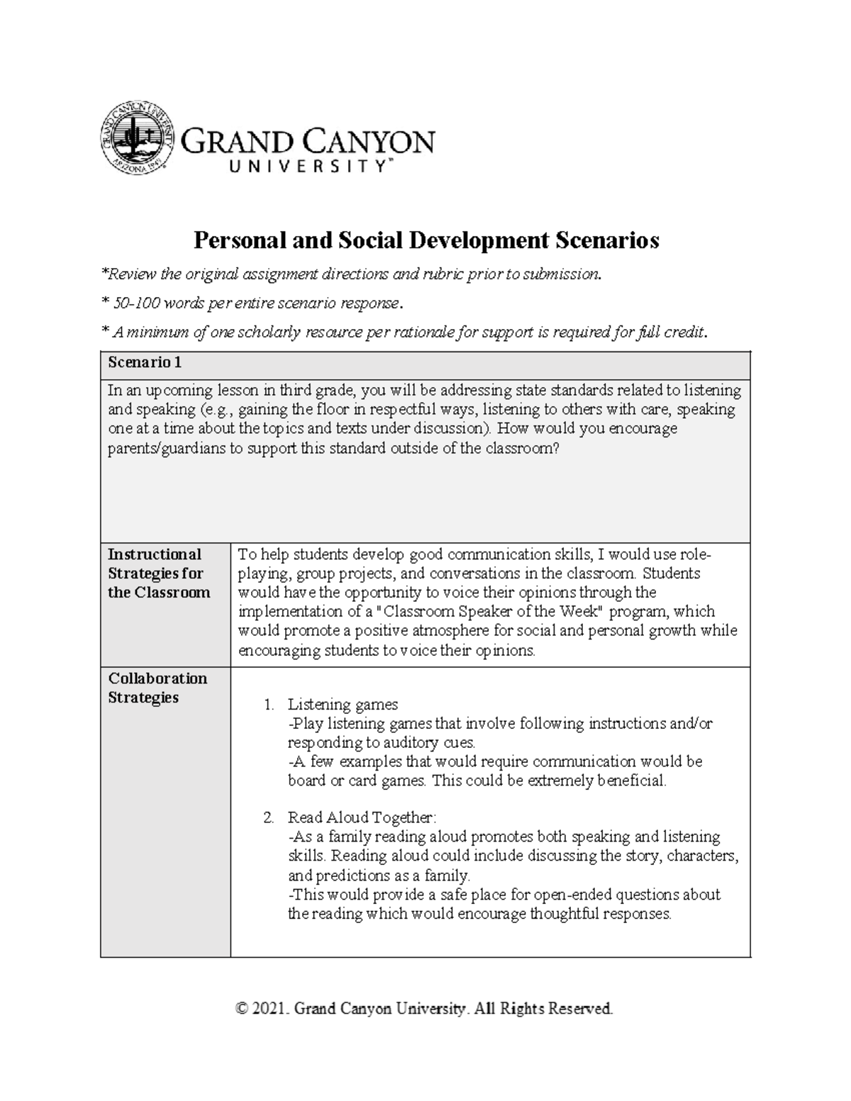 Personal and Social Development Scenarios - 50-100 words per entire ...