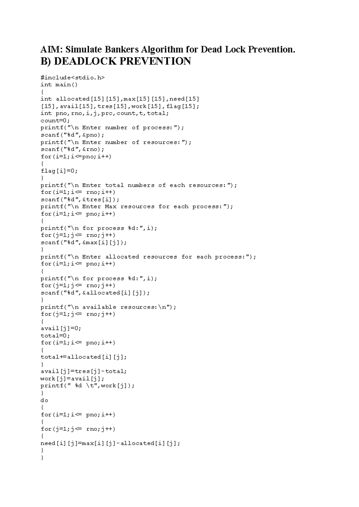 LAB Programs ON Deadlocks AND Shared Memory - AIM: Simulate Bankers Algorithm for Dead Lock ...