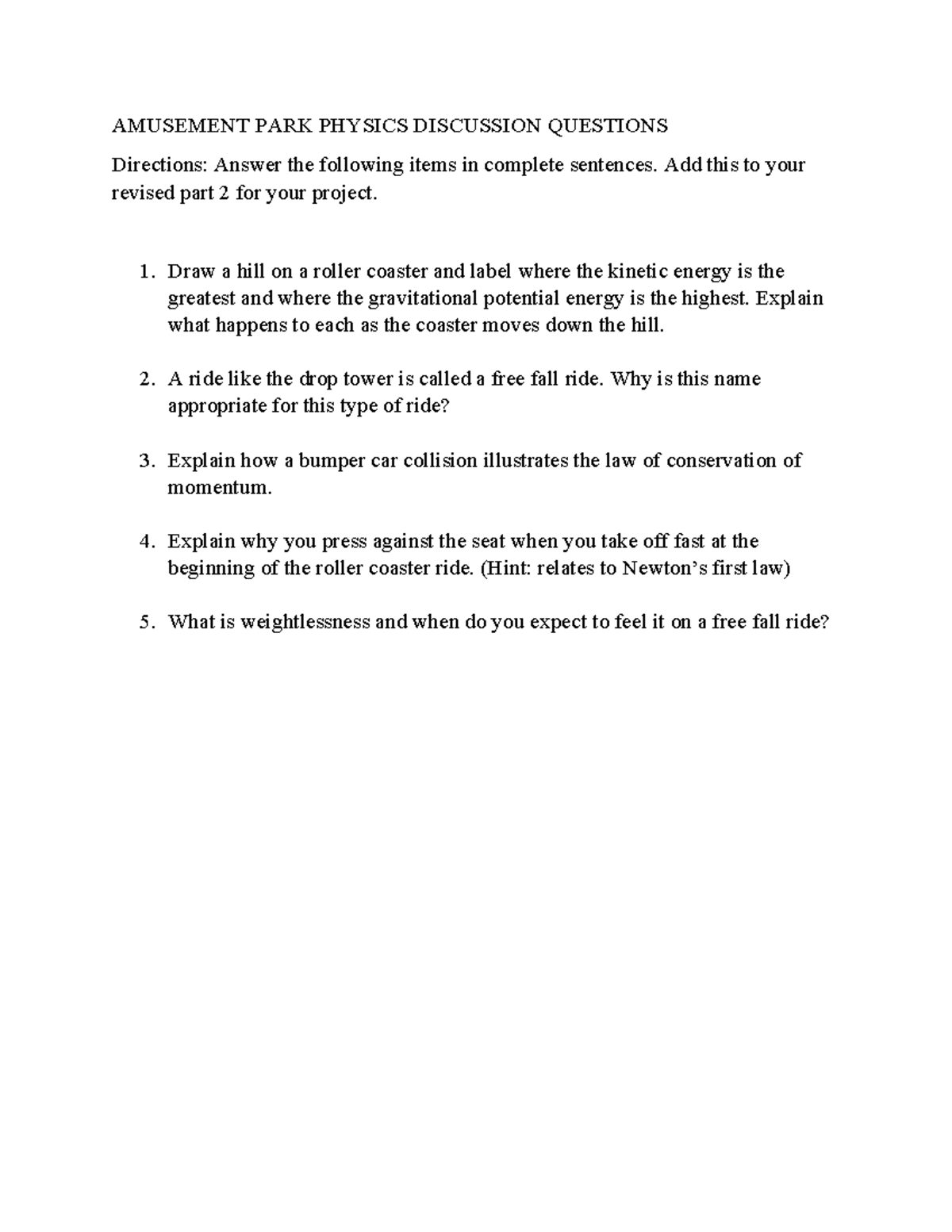 Amusement PARK Physics Discussion Questions - AMUSEMENT PARK PHYSICS ...