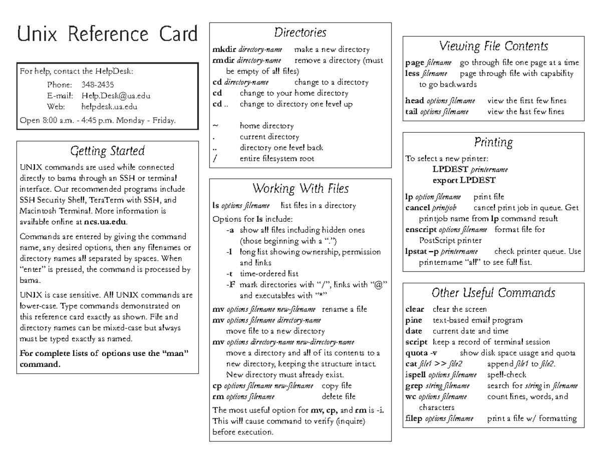 Unix reference card - For help, contact the HelpDesk: Phone: 348- E ...