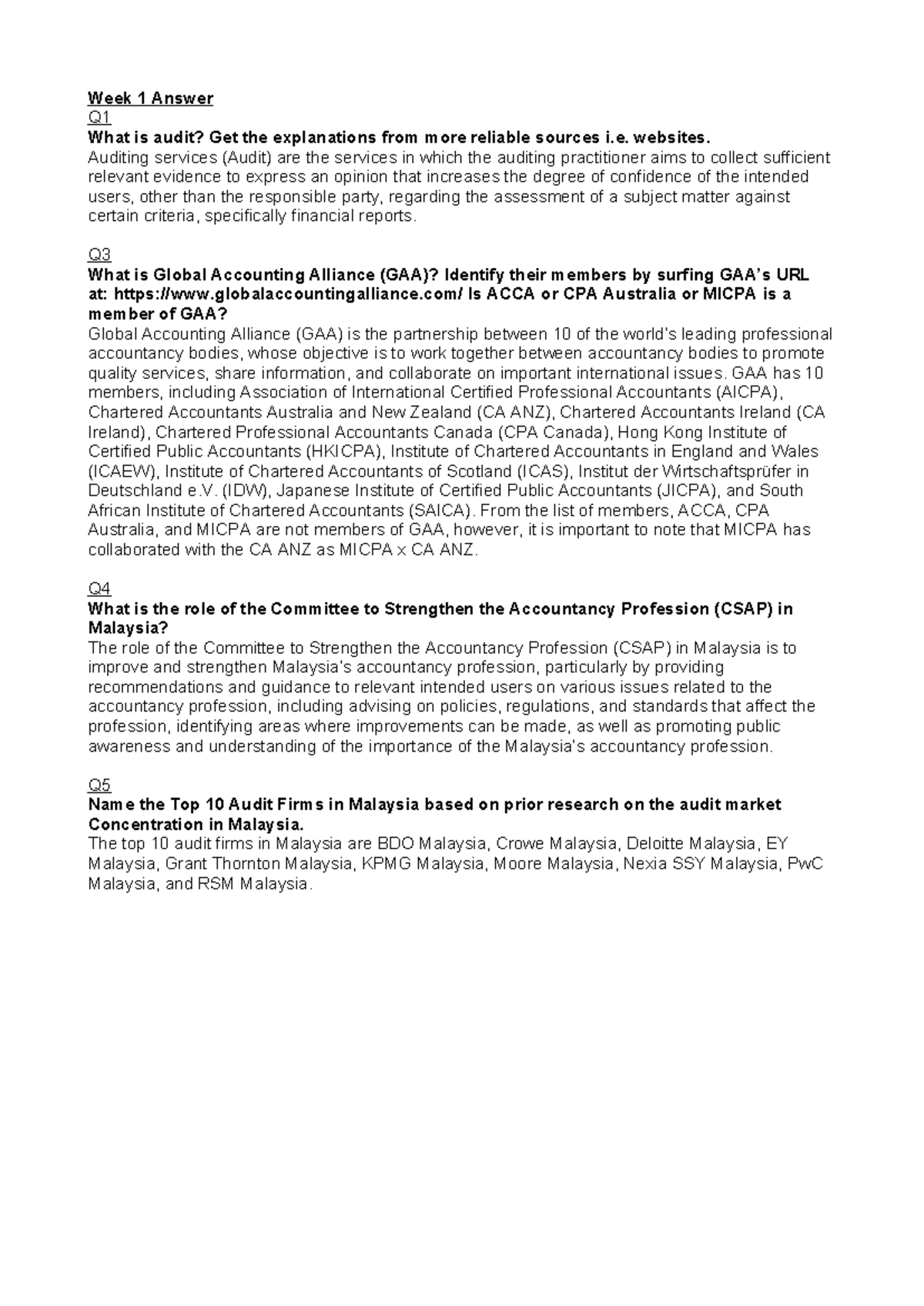Week 1 Tutorial Answer - Week 1 Answer Q What is audit? Get the explanations from more reliable ...