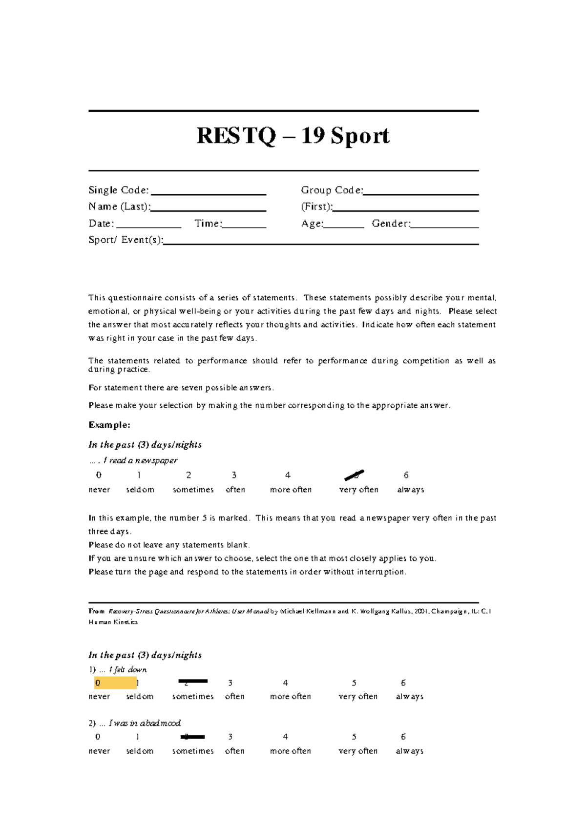 Restq-19 Sport Questionnaire - RESTQ – 19 Sport Single Cod e: Group Cod ...