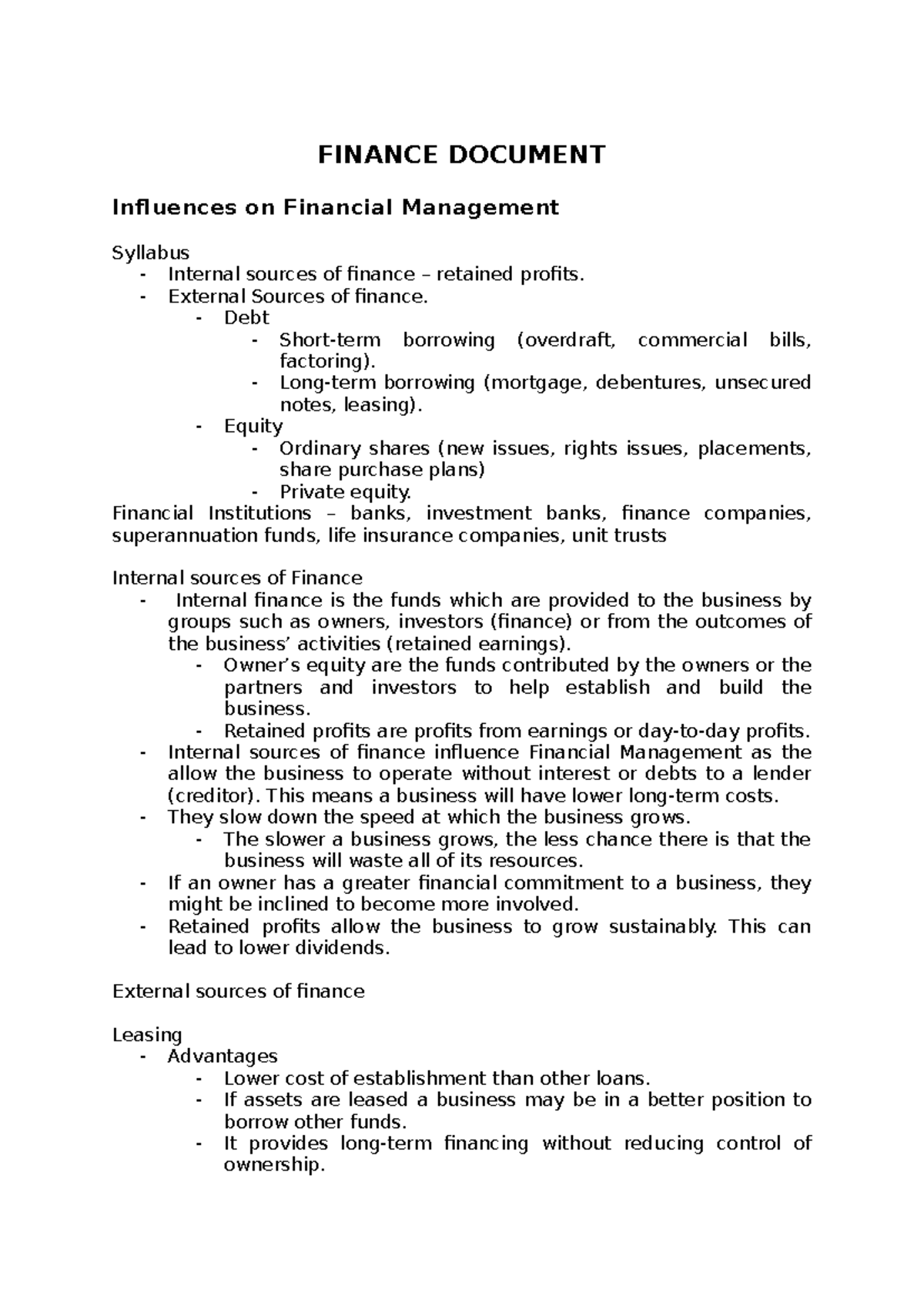 Finance Document - FINANCE DOCUMENT Influences on Financial Management ...