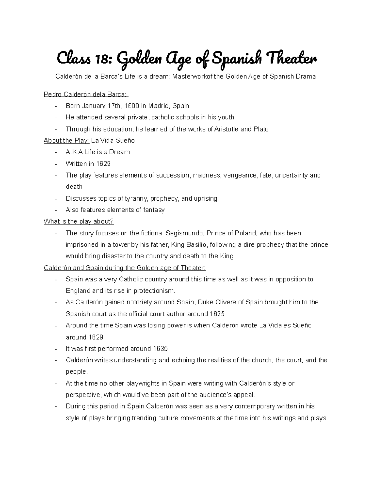 Class 18 Golden Age of Spanish theater - Class 18: Golden Age of ...