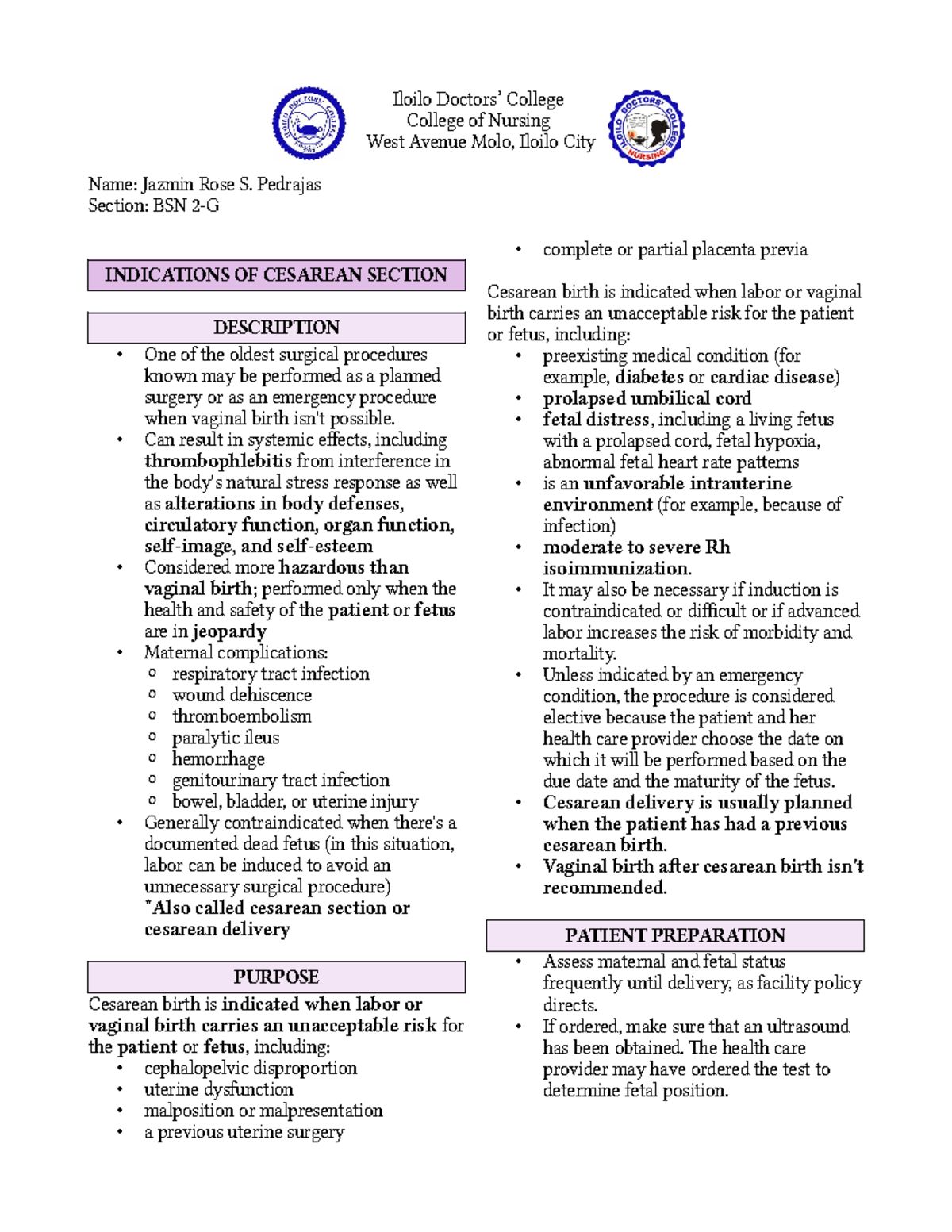 Indications of CS Birth - Iloilo Doctors’ College College of Nursing ...