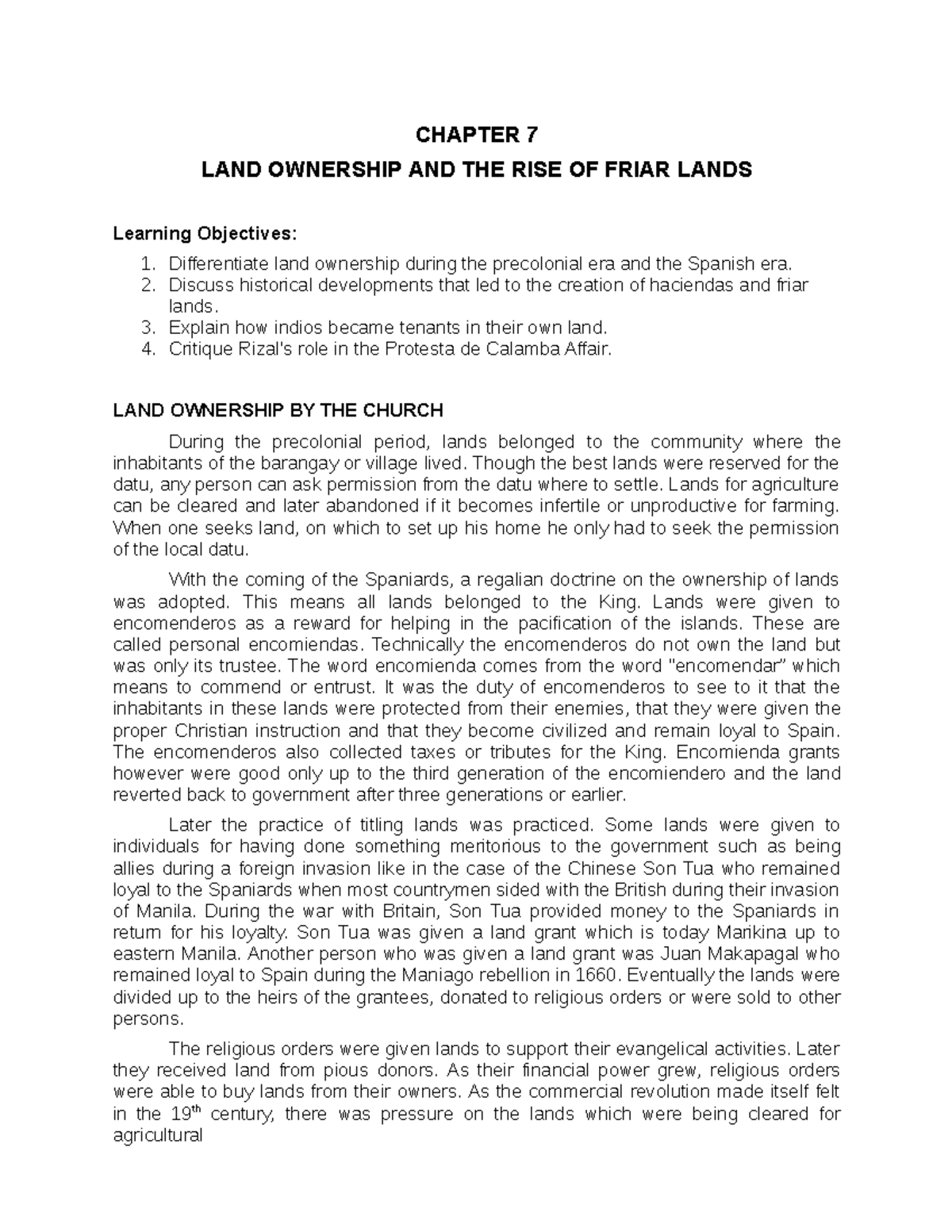 CHAP 7 - Life and Works of Rizal Chapter 7 - CHAPTER 7 LAND OWNERSHIP ...