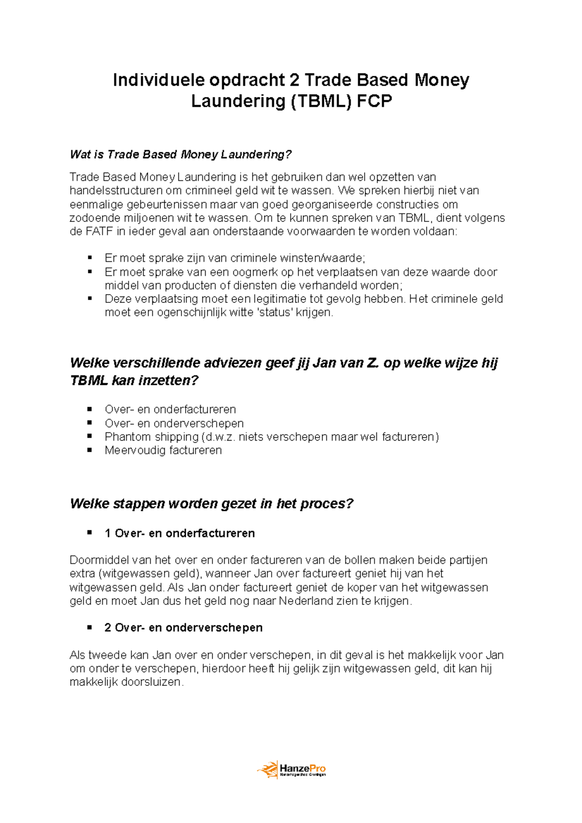 Individuele Opdracht 2 TBML FCP - Individuele opdracht 2 Trade Based ...