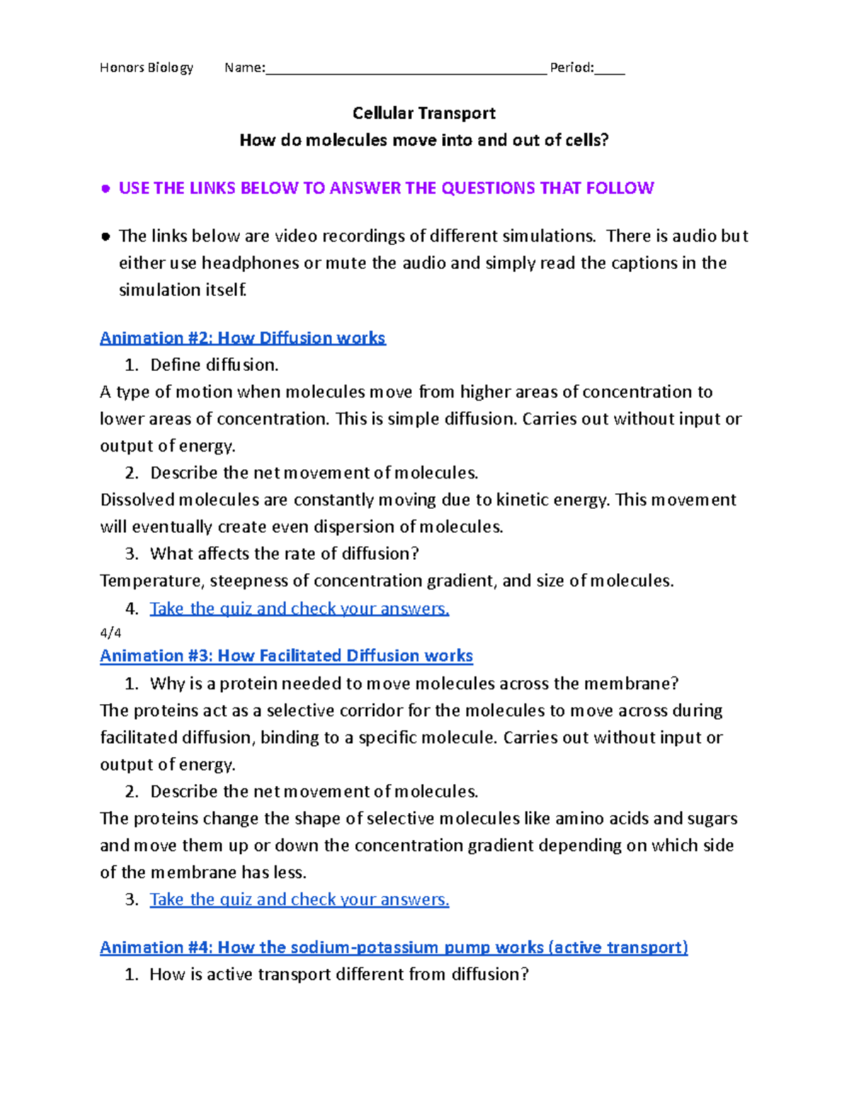 Cellular Transport Animations - Honors Biology Name