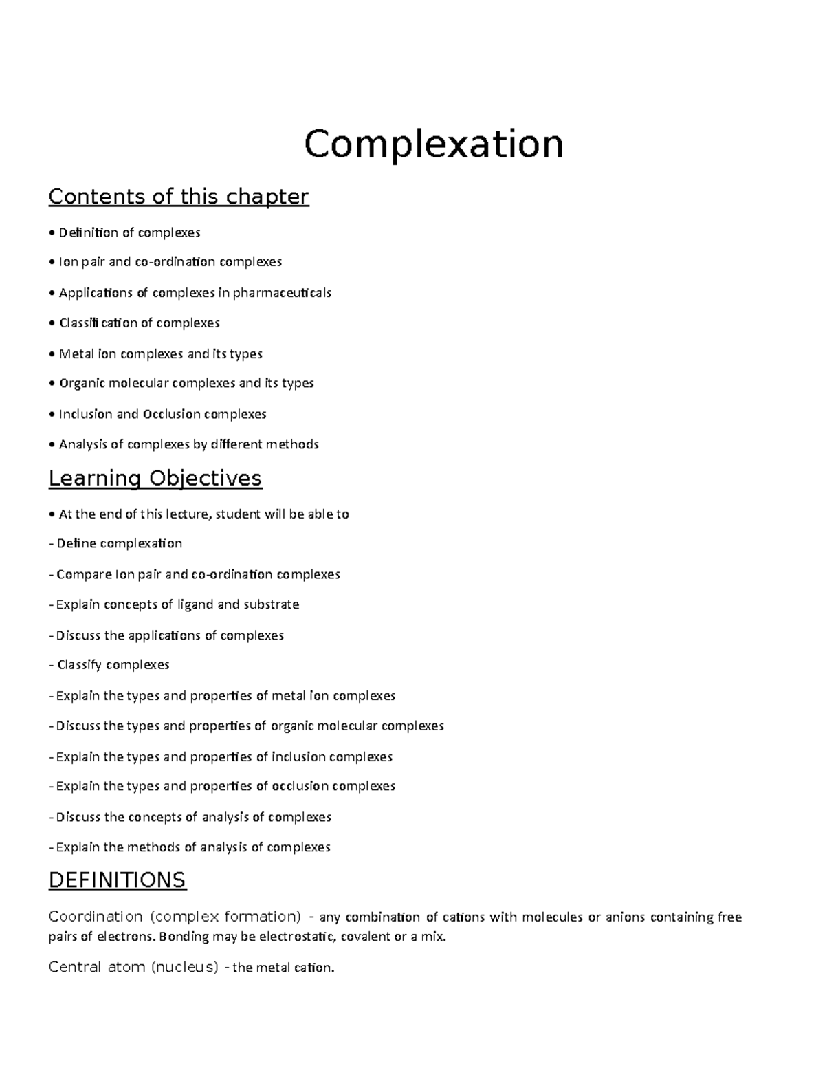 Chapter - 4 Complexation - Complexation Contents of this chapter ...