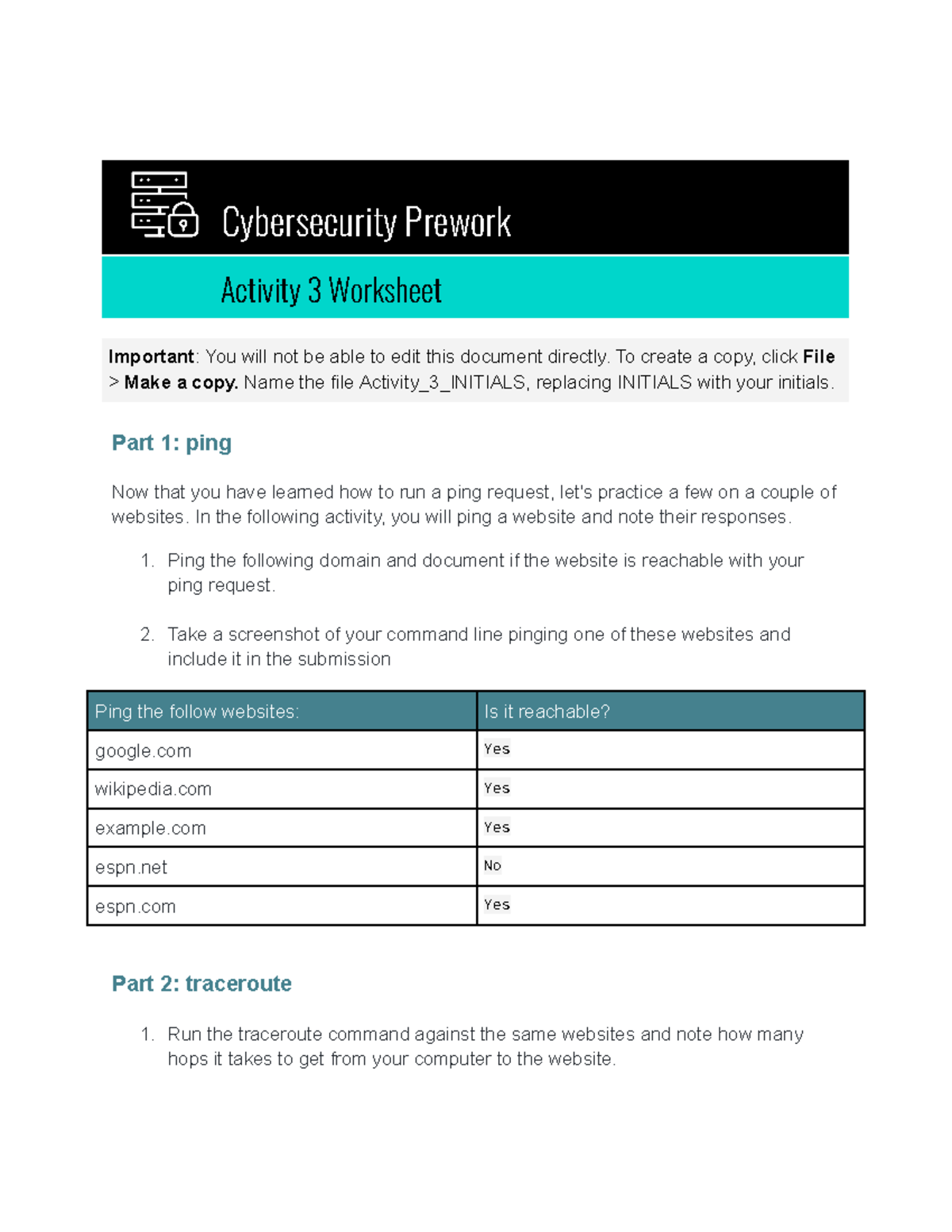 Activity 3 Pre-work - Cybersecurity Prework Activity 3 Worksheet ...