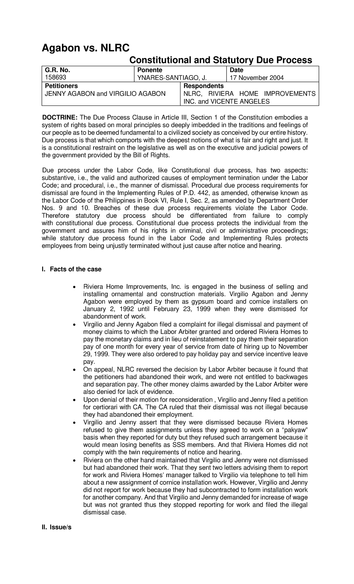 Agabon vs. NLRC - case digest - Agabon vs. NLRC Constitutional and ...