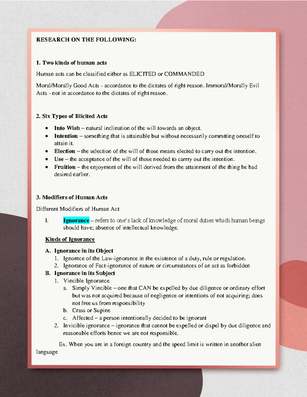 Ethics 111 - Two kinds of human acts Six Types of Illicited Acts ...