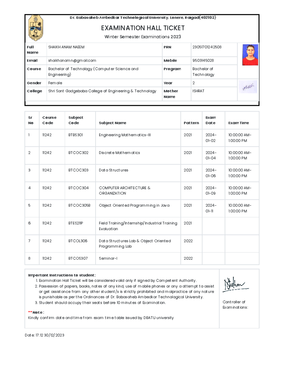 Hall ticket 2023 - Dr. Babasaheb Ambedkar Technological Universit y ...